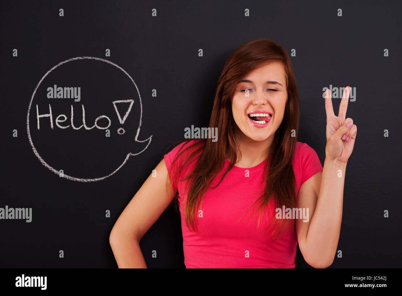 Beautiful and funny woman say "Hello Stock Photo - Alamy