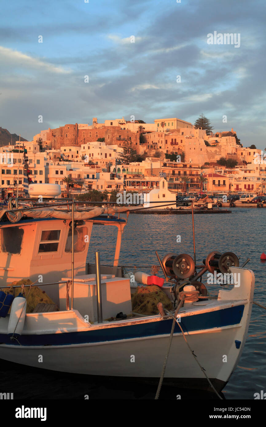 Greece, Cyclades, Naxos, Hora, skyline, harbour, fishing boats Stock ...