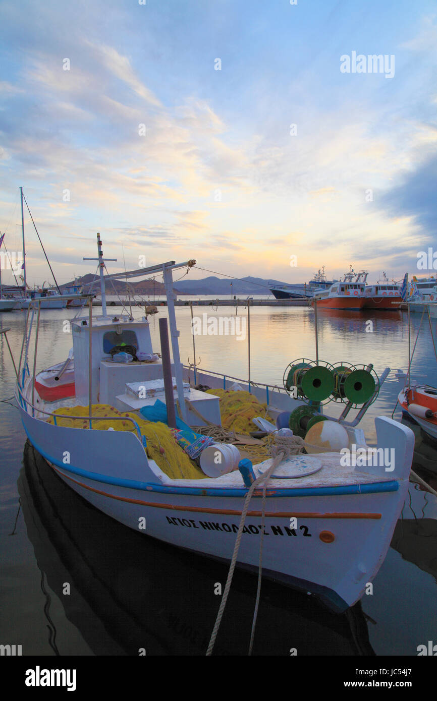Greece, Cyclades, Naxos, Hora, harbour, fishing boats, sunset Stock ...