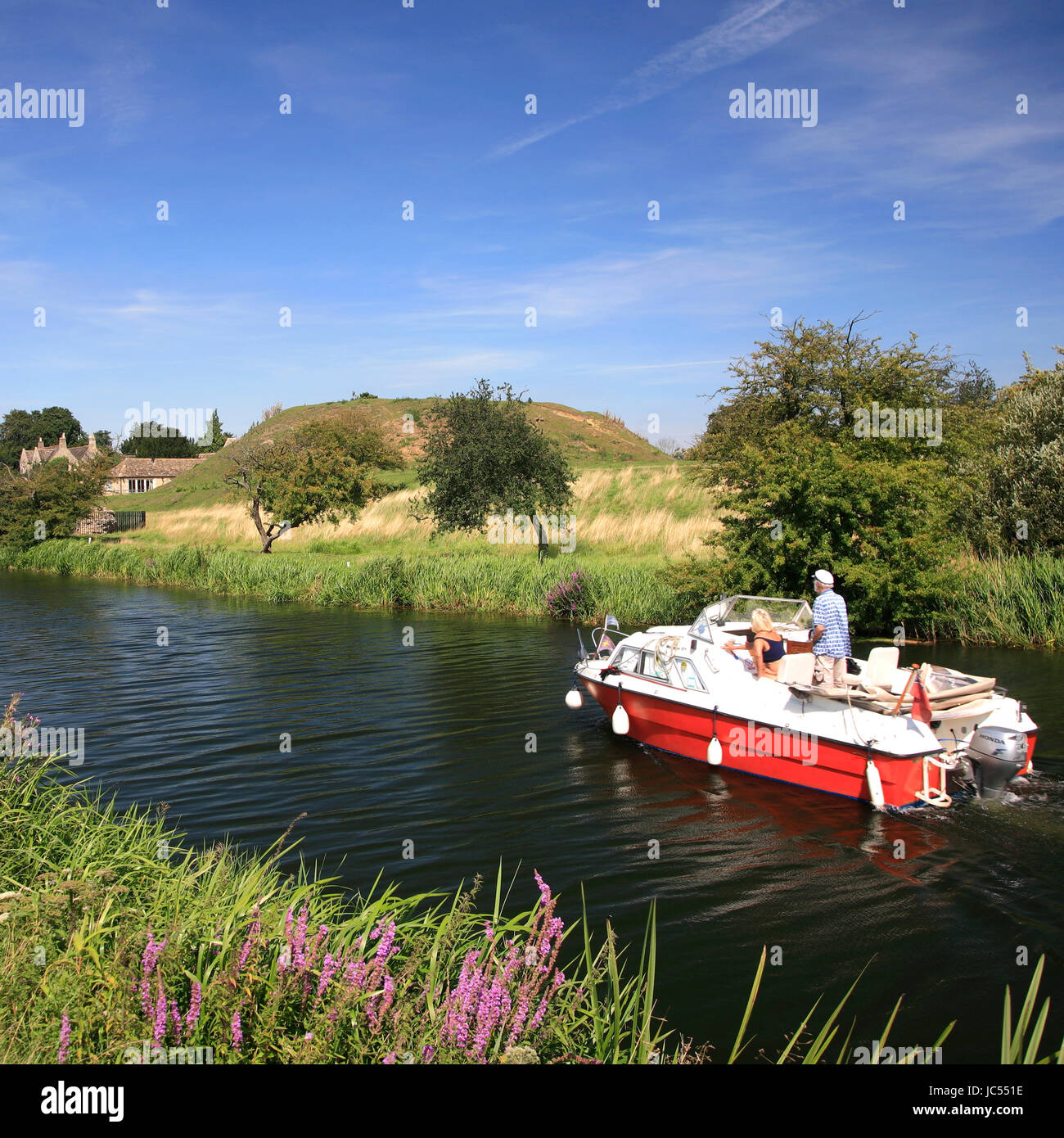 Narrowboat at the site of Fotheringhay Castle, river Nene, Fotheringhay ...