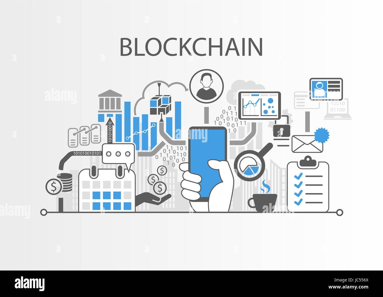 Blockchain vector background illustration with hand holding smartphone ...