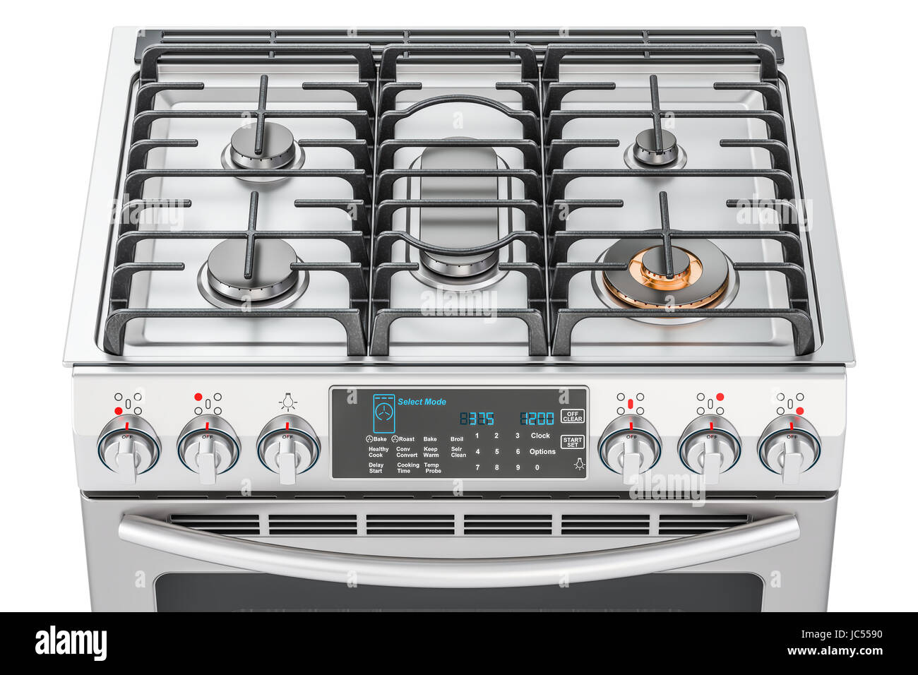 Steel gas cooker with oven top view closeup, 3D rendering Stock Photo ...