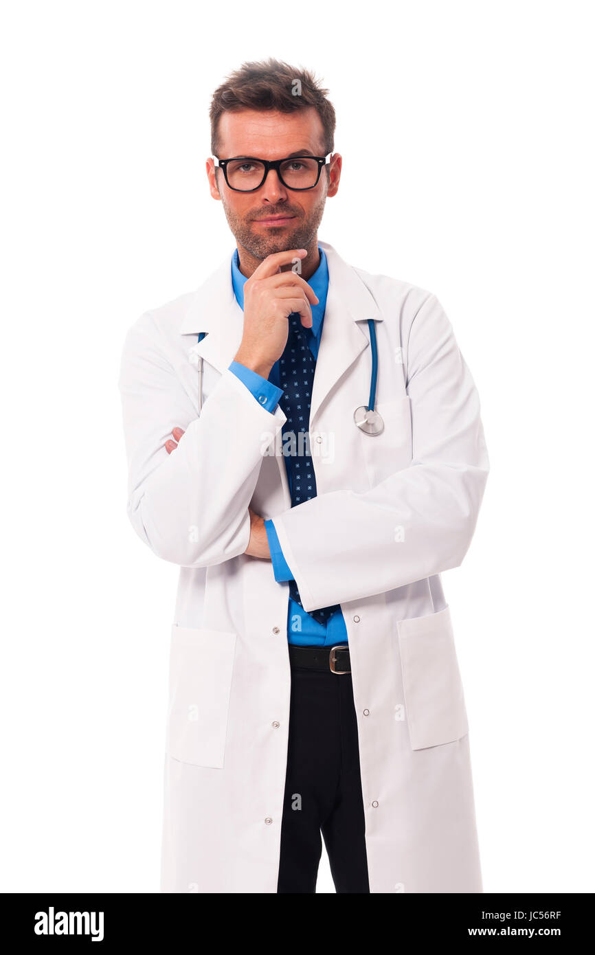 Portrait of focus and pensive doctor Stock Photo - Alamy