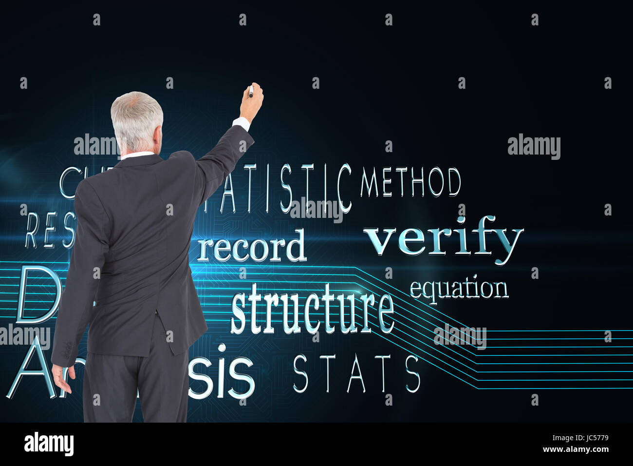 Composite image of rear view of serious businessman standing and ...