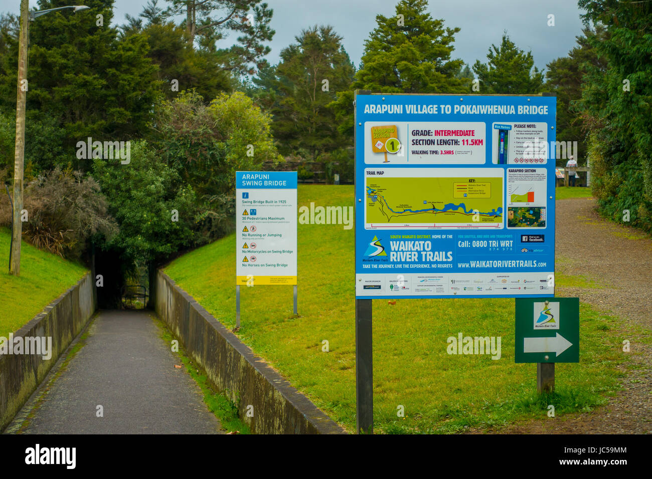 NORTH ISLAND, NEW ZEALAND- MAY 16, 2017: An informative sign of Arapuni ...