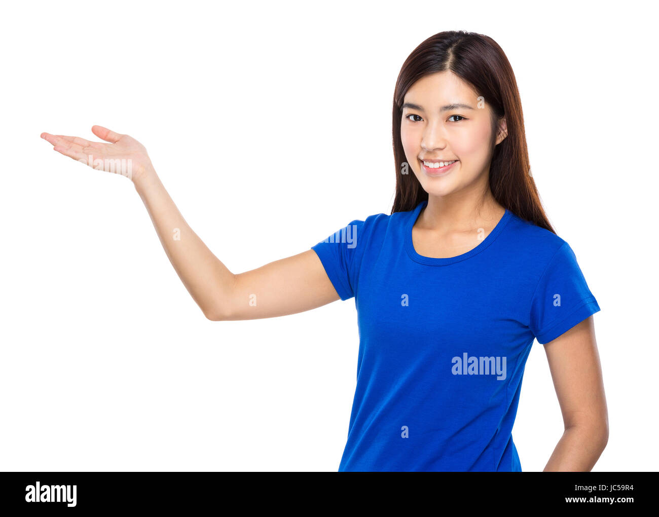 Woman with hand presentation Stock Photo - Alamy