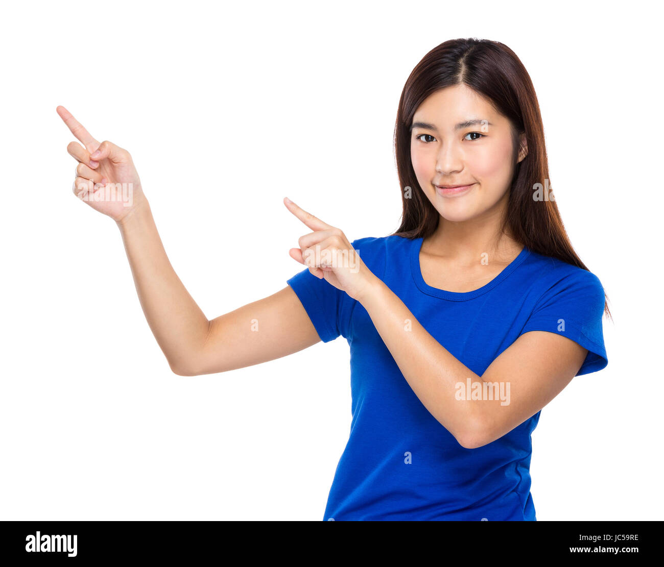 Asian woman with two finger point up Stock Photo - Alamy