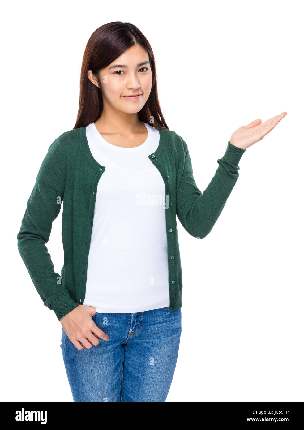 Asian young woman with hand presentation Stock Photo - Alamy