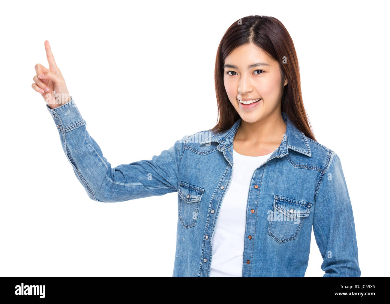 Woman with finger point out Stock Photo - Alamy