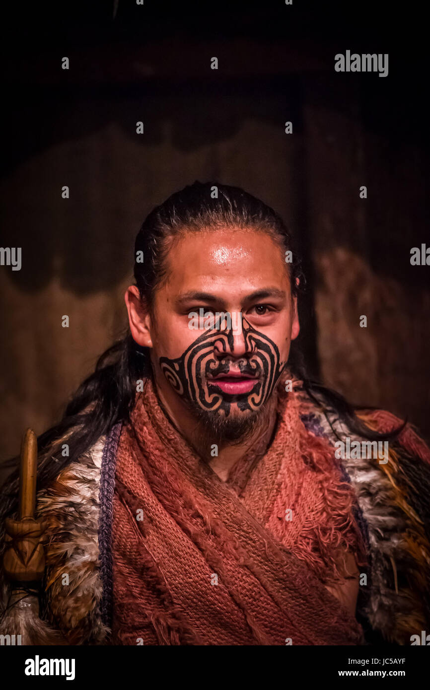 NORTH ISLAND, NEW ZEALAND- MAY 17, 2017: Close up of a Maori man with ...