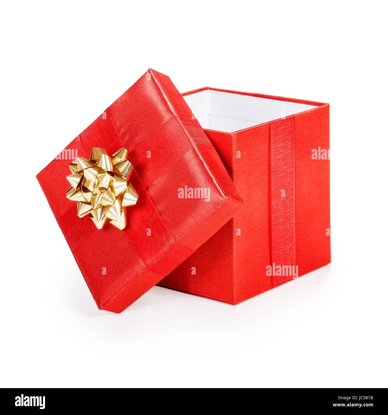 Open red gift box with gold ribbon. Christmas theme. Object isolated on ...