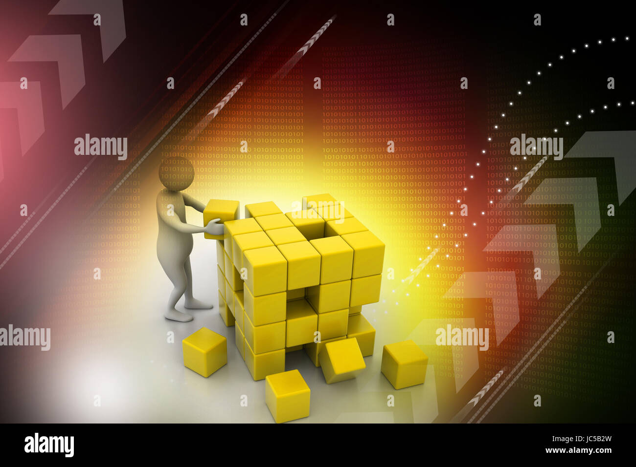 3d people - man, person pushing a cube Stock Photo - Alamy