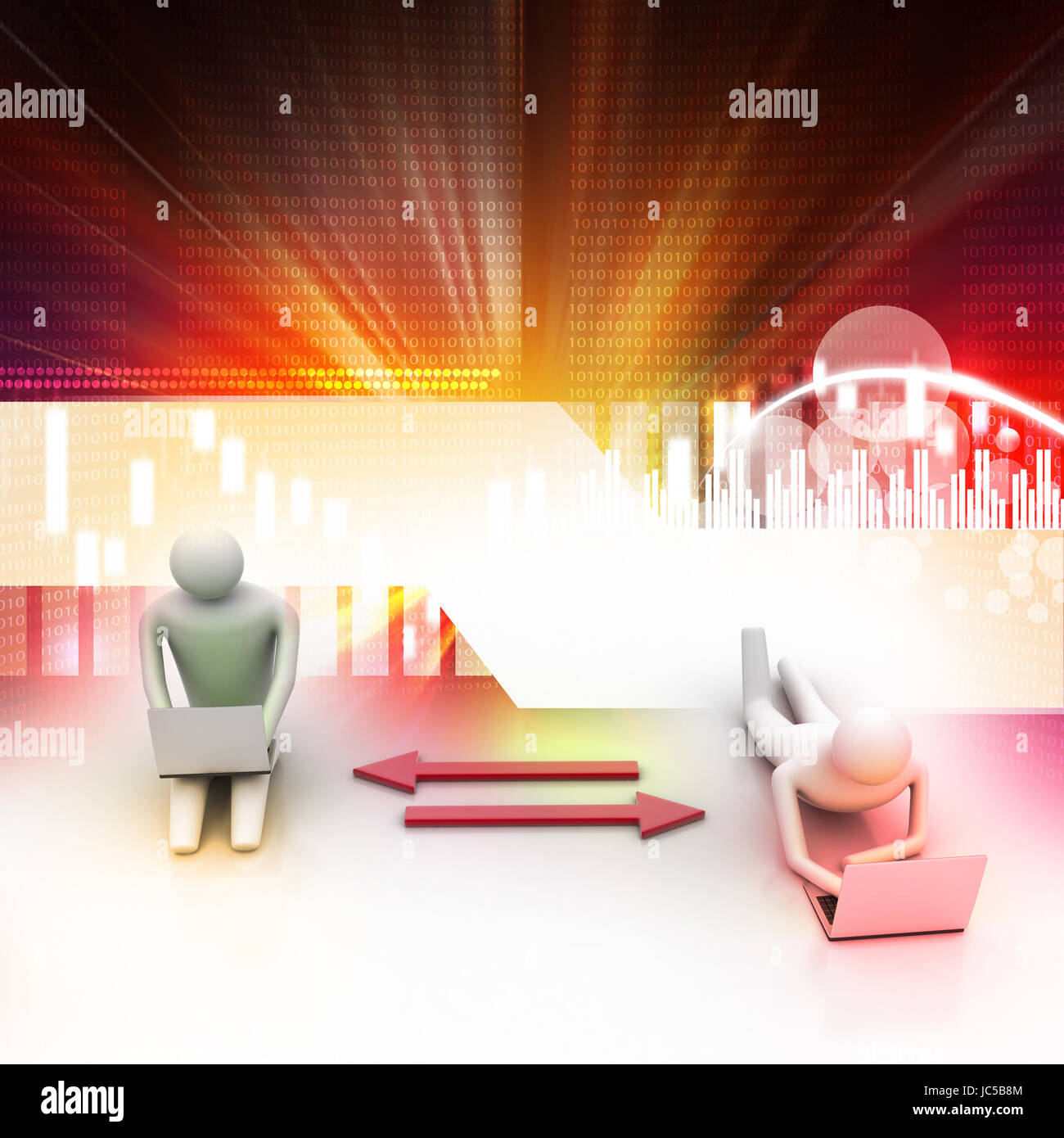 Two 3d people holding laptops are connected with arrows Stock Photo - Alamy