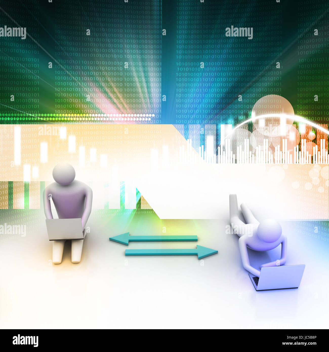 Two 3d people holding laptops are connected with arrows Stock Photo - Alamy
