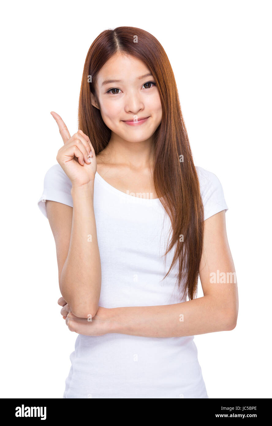 Woman with finger up Stock Photo - Alamy