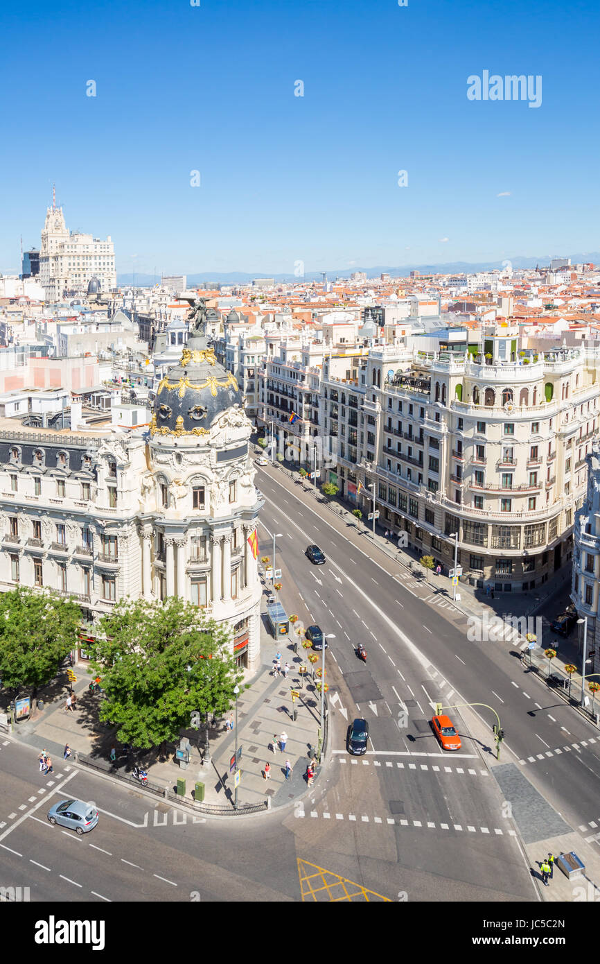 aerial view of Gran Via, main shopping street in Madrid, capital of ...