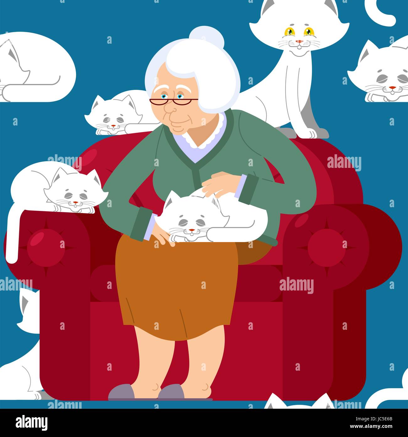 Cat lady pattern. Grandmother and cat sitting on chair pattern. granny ...
