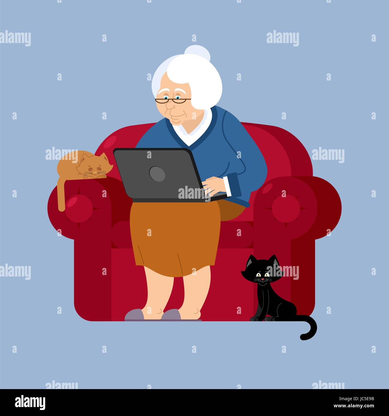 Grandmother And Laptop An Armchair Old Woman And Pc Grandma And Cat