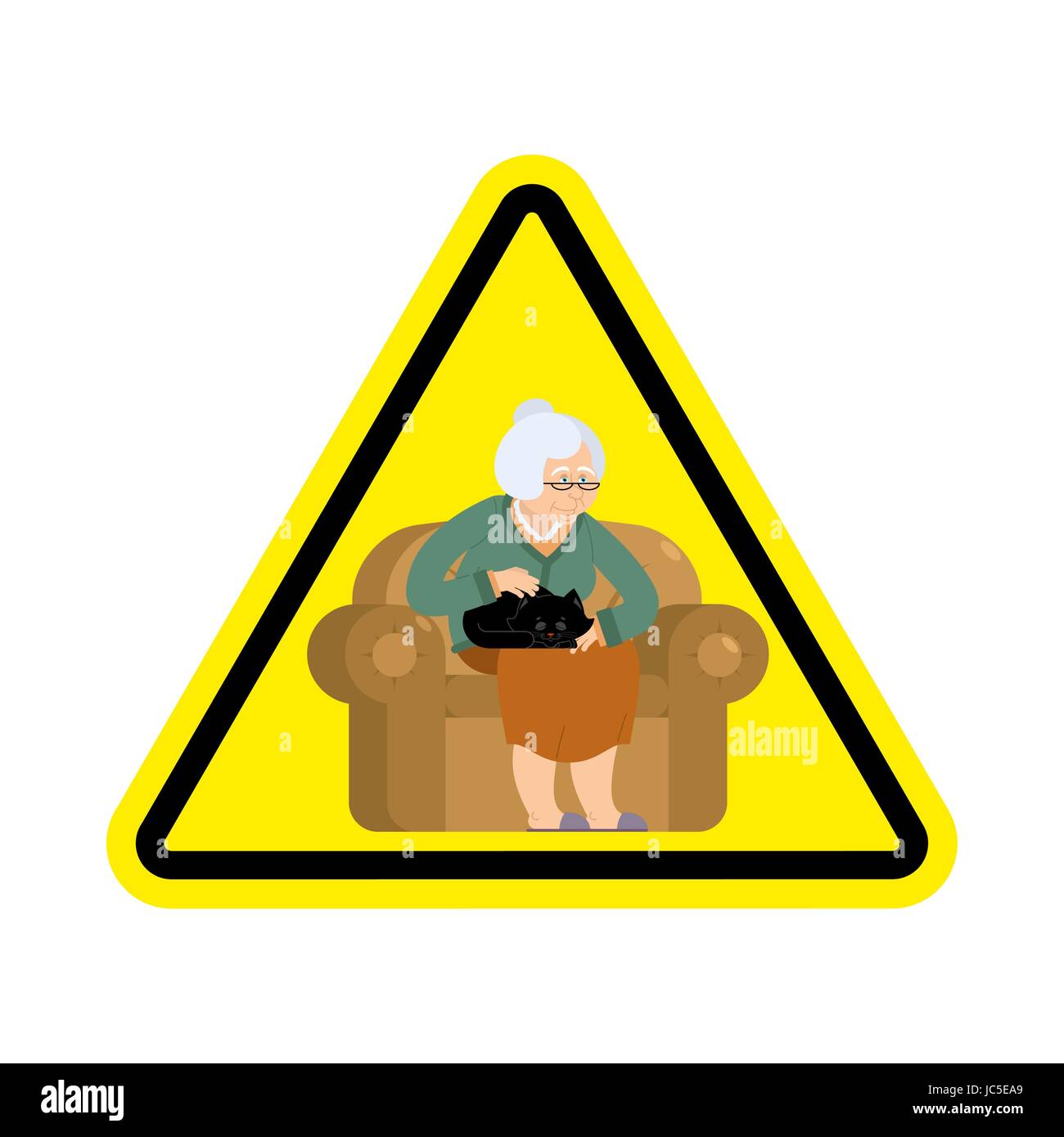 Attention grandmother. Caution old woman and cat. Yellow triangle road ...