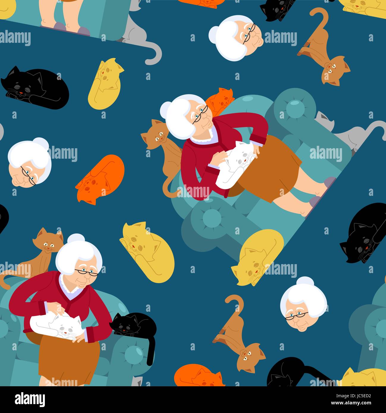 Cat lady pattern. Grandmother and cat sitting on chair pattern. granny ...