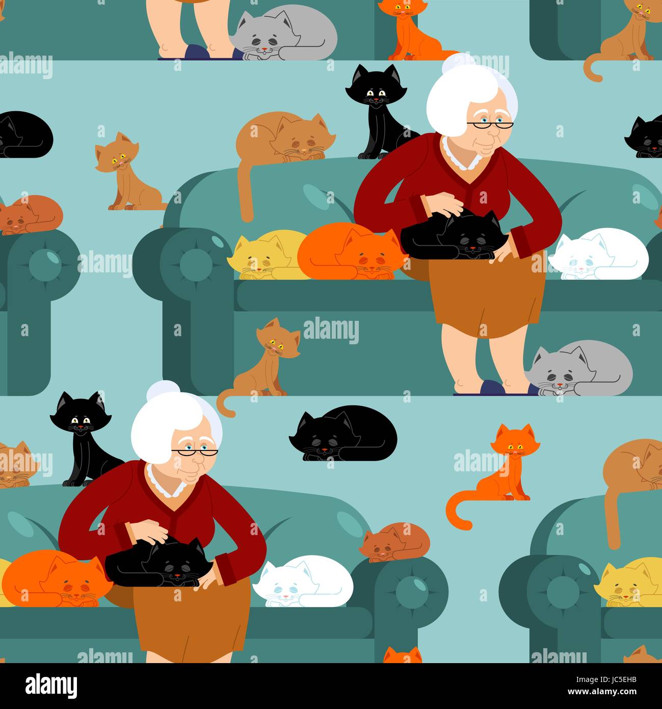 Cat lady pattern. Grandmother and cat sitting on chair pattern. granny ...