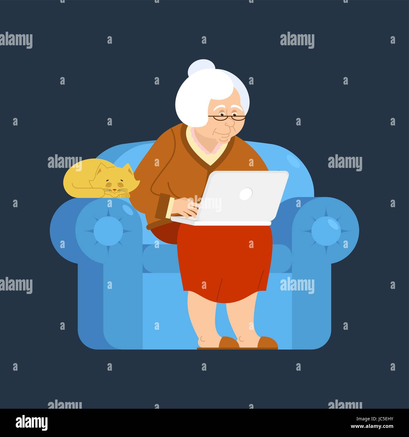 Grandmother and laptop an armchair. old woman and pc. grandma and cat ...