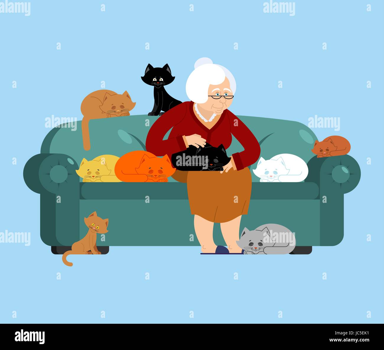 Grandmother And Cat Sitting On Chair Granny Cat Lady Grandma And
