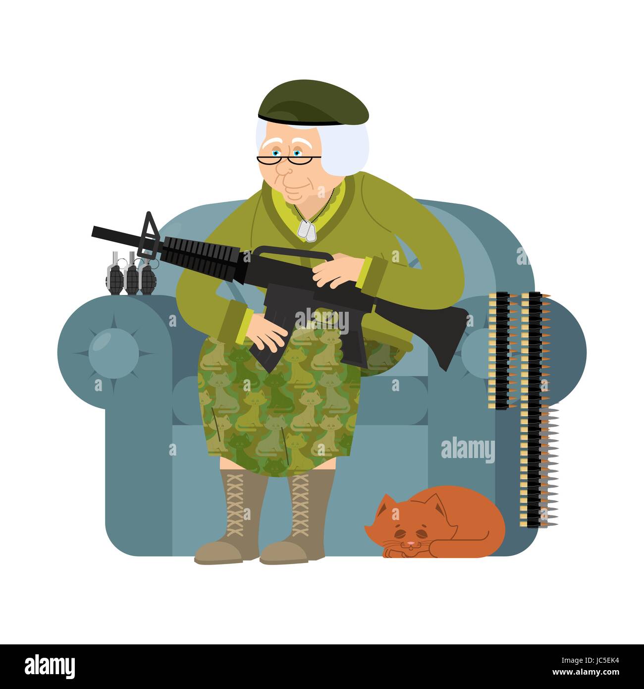 Military Grandmother with gun. Army old woman in an armchair with tommy ...