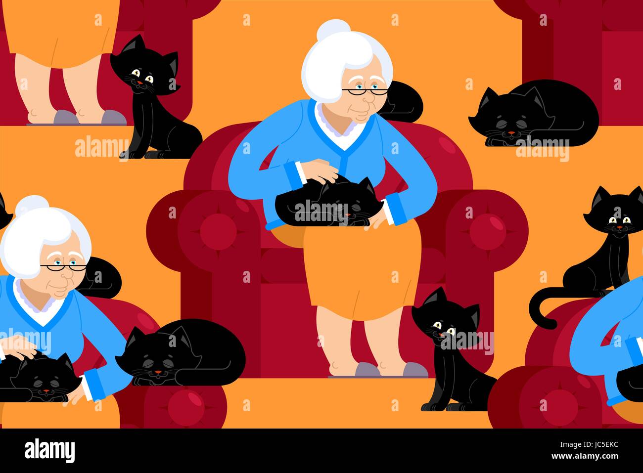 Cat lady pattern. Grandmother and cat sitting on chair pattern. granny ...