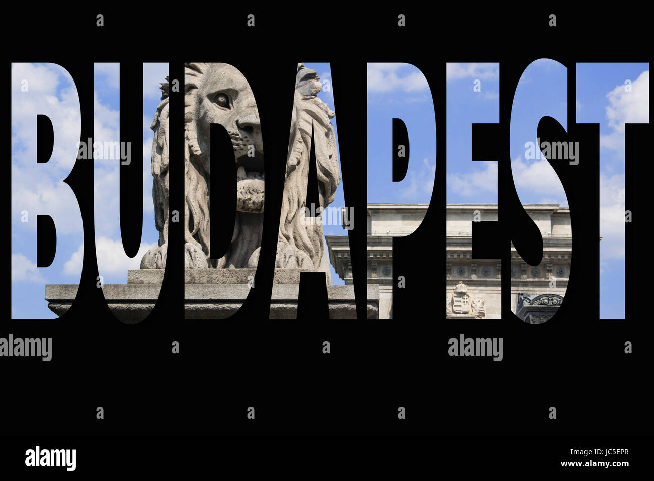 Word Budapest with famous sights on black background Stock Photo - Alamy