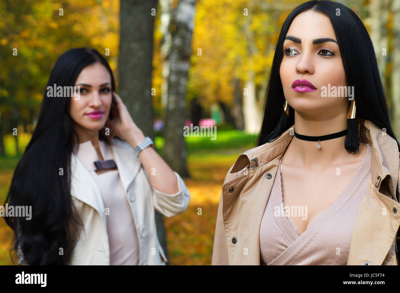 beautiful luxurious brunette with girlfriend in the park Stock Photo ...