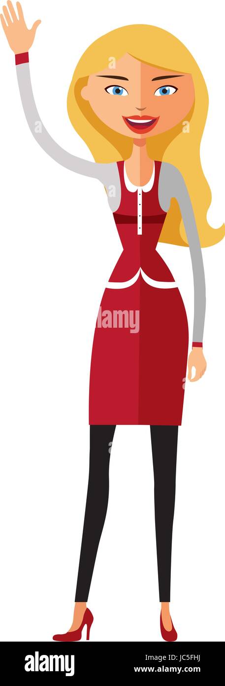 Blonde business woman waving her hand isolated on white background ...