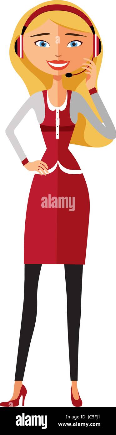 Female call centre operator wearing headset flat cartoon vector ...