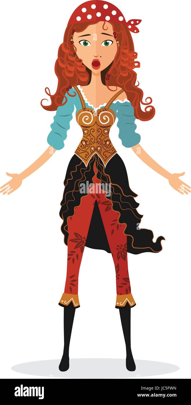 Funny dumbfounded young pirate girl. Cartoon Astonished woman. Flat ...
