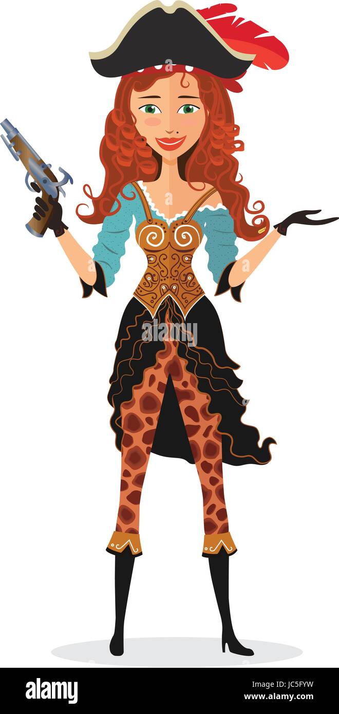 Pirate lady presenting something. Vector. Cartoon pirate girl with ...