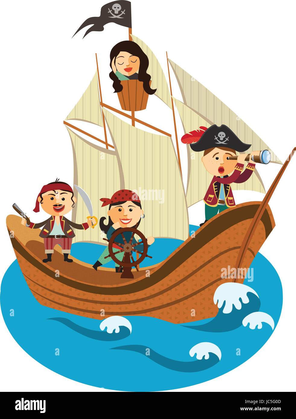 Happy pirates sailing in their pirate ship vector Isolated on a white ...