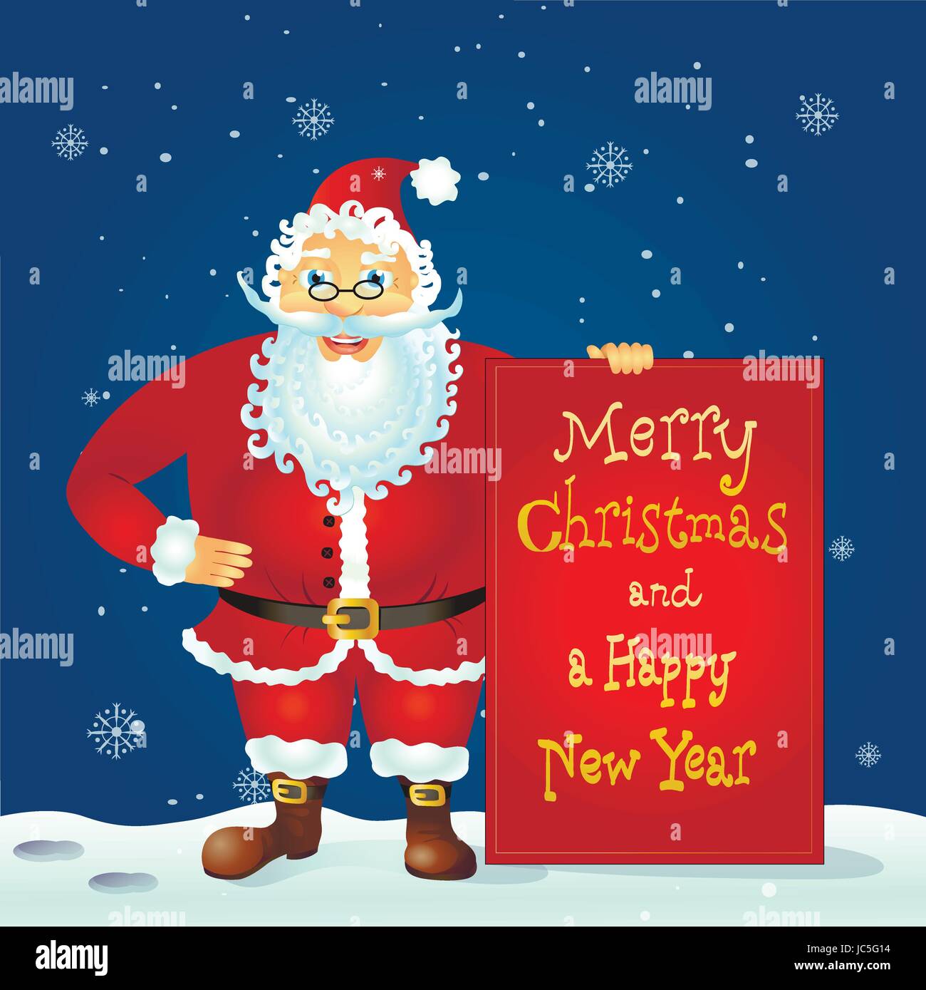 Santa Claus standing with christmas greetings banner in arm vector ...