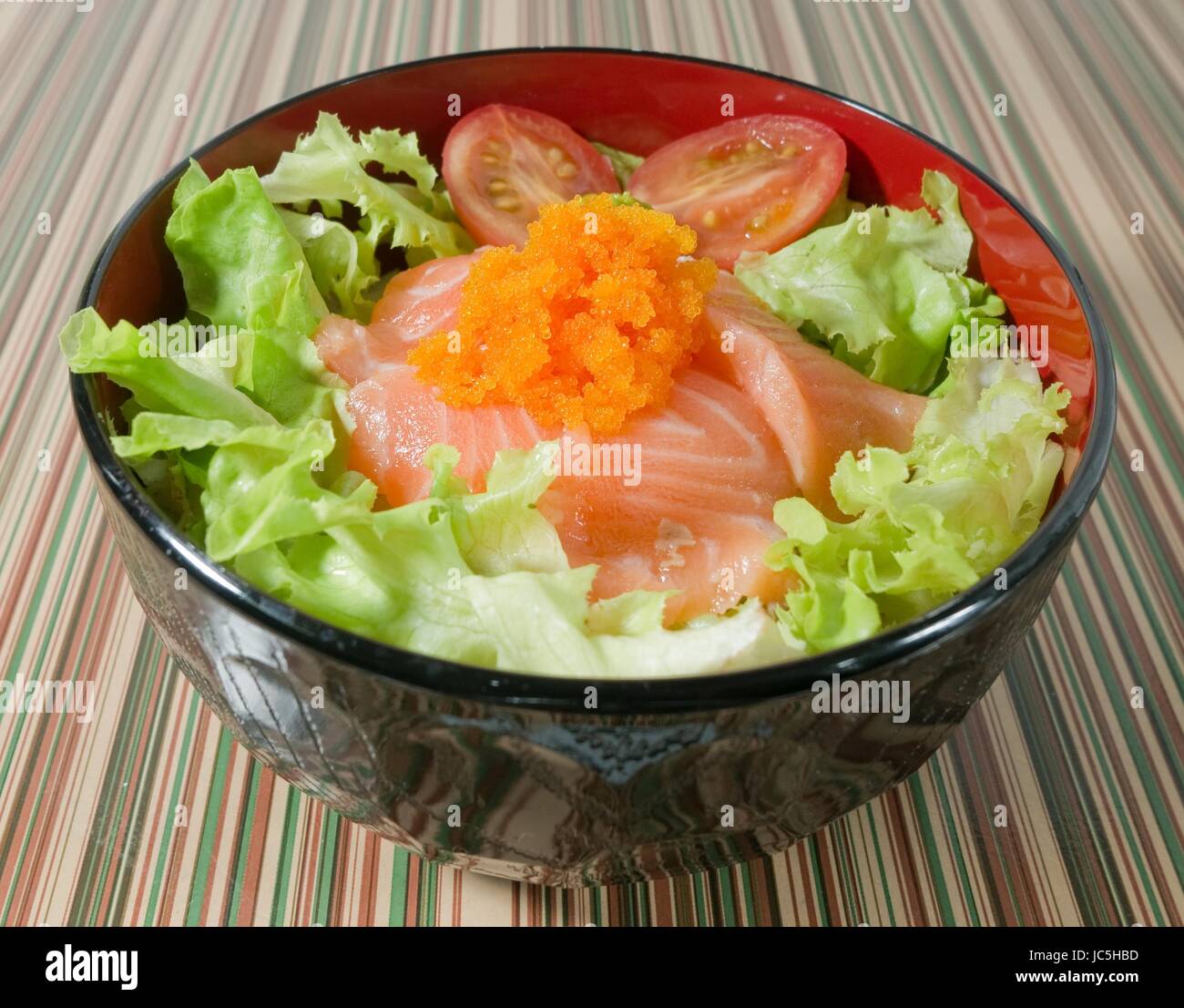 Japanese Cuisine, Steamed Rice Topping with Fresh Salmon, Tomatoes and ...