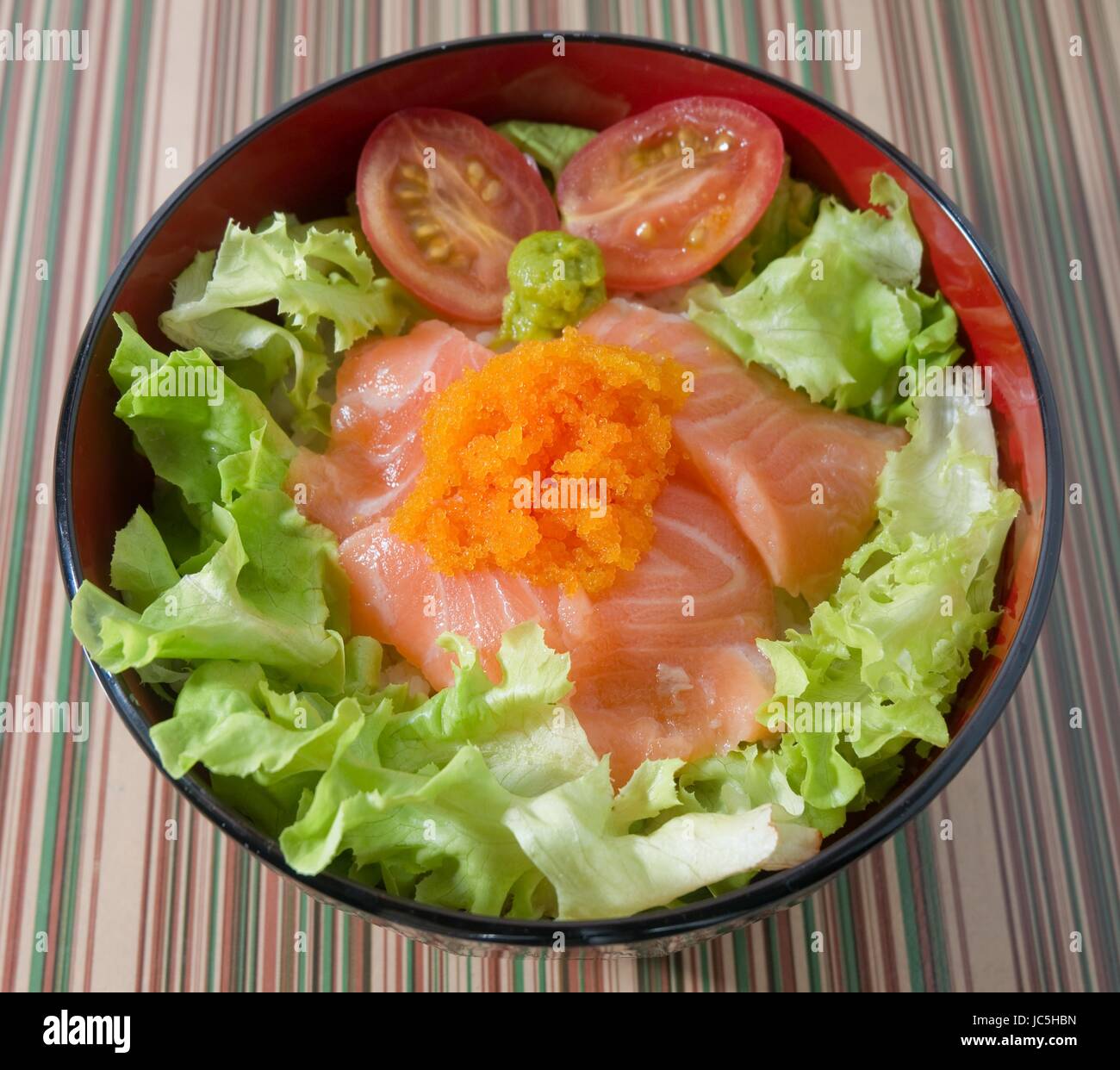 Japanese Cuisine, Steamed Rice Topping with Raw Salmon, Tomatoes and ...