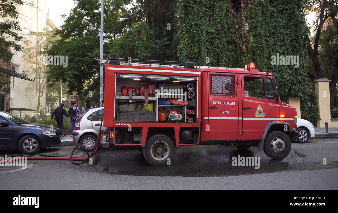 Greek Fire Service tracks during fire. Hellenic Fire Brigade vehicles ...