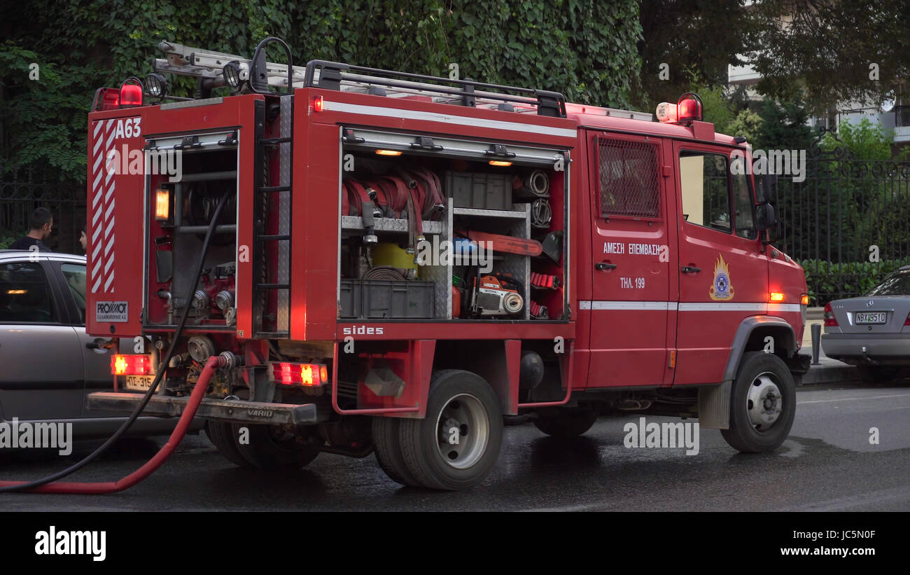 Greek Fire Service tracks during fire. Hellenic Fire Brigade vehicles ...