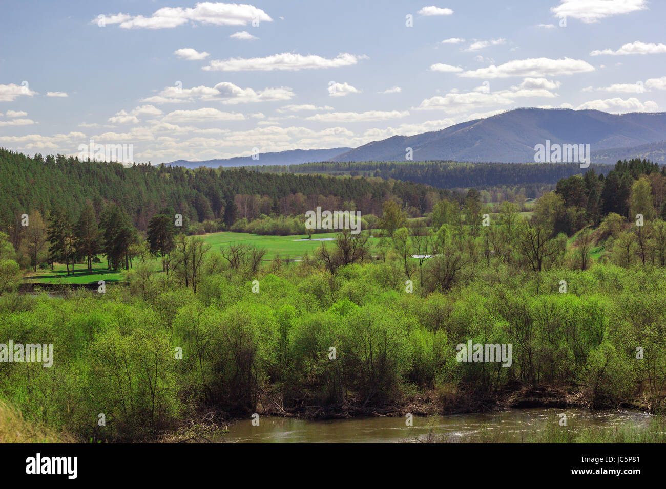 beautiful landscape with the forest and the Ural mountains in Bashkiria ...
