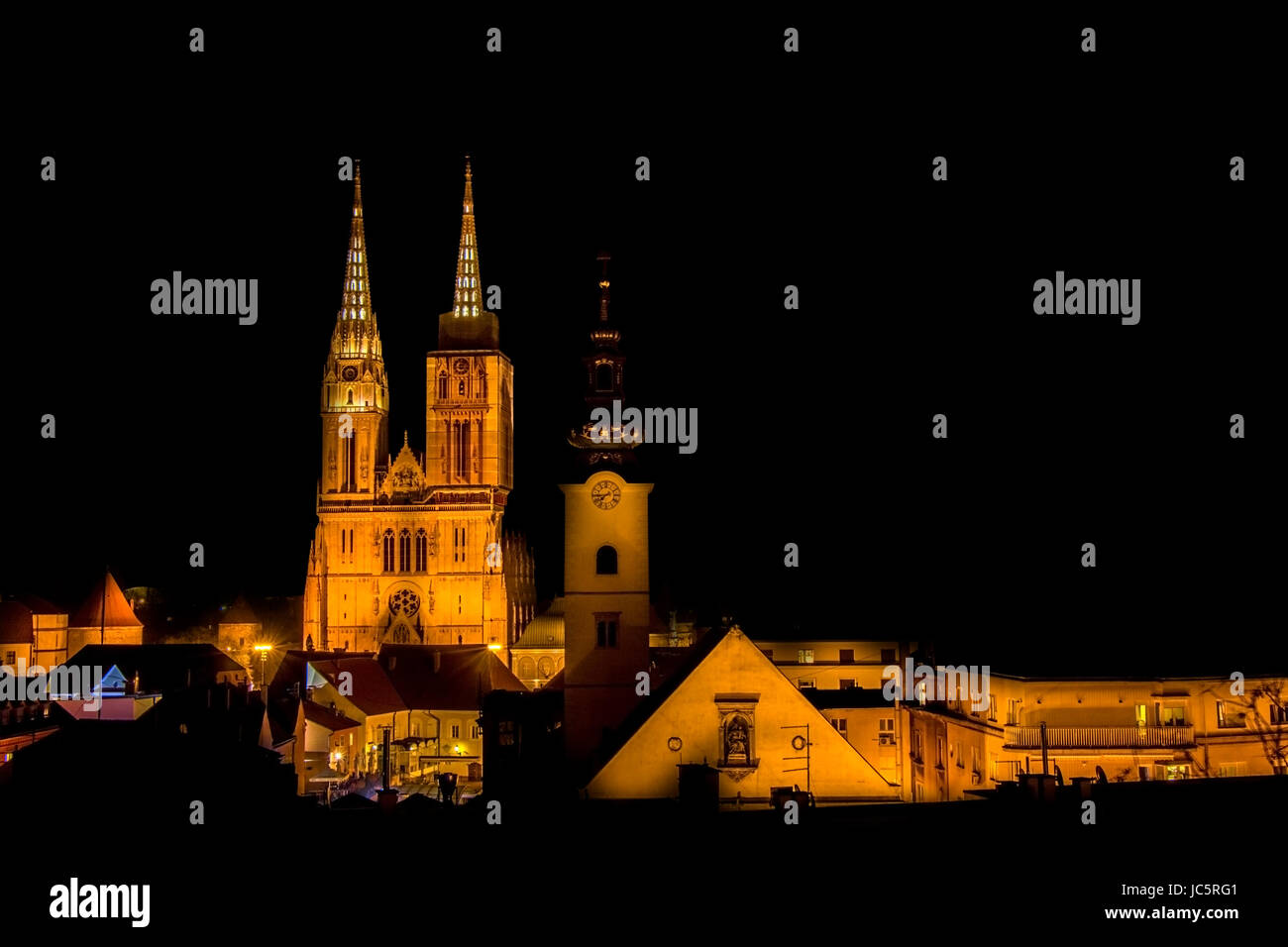 Zagreb cathedral at night view, famous landmarks of Croatian capital ...