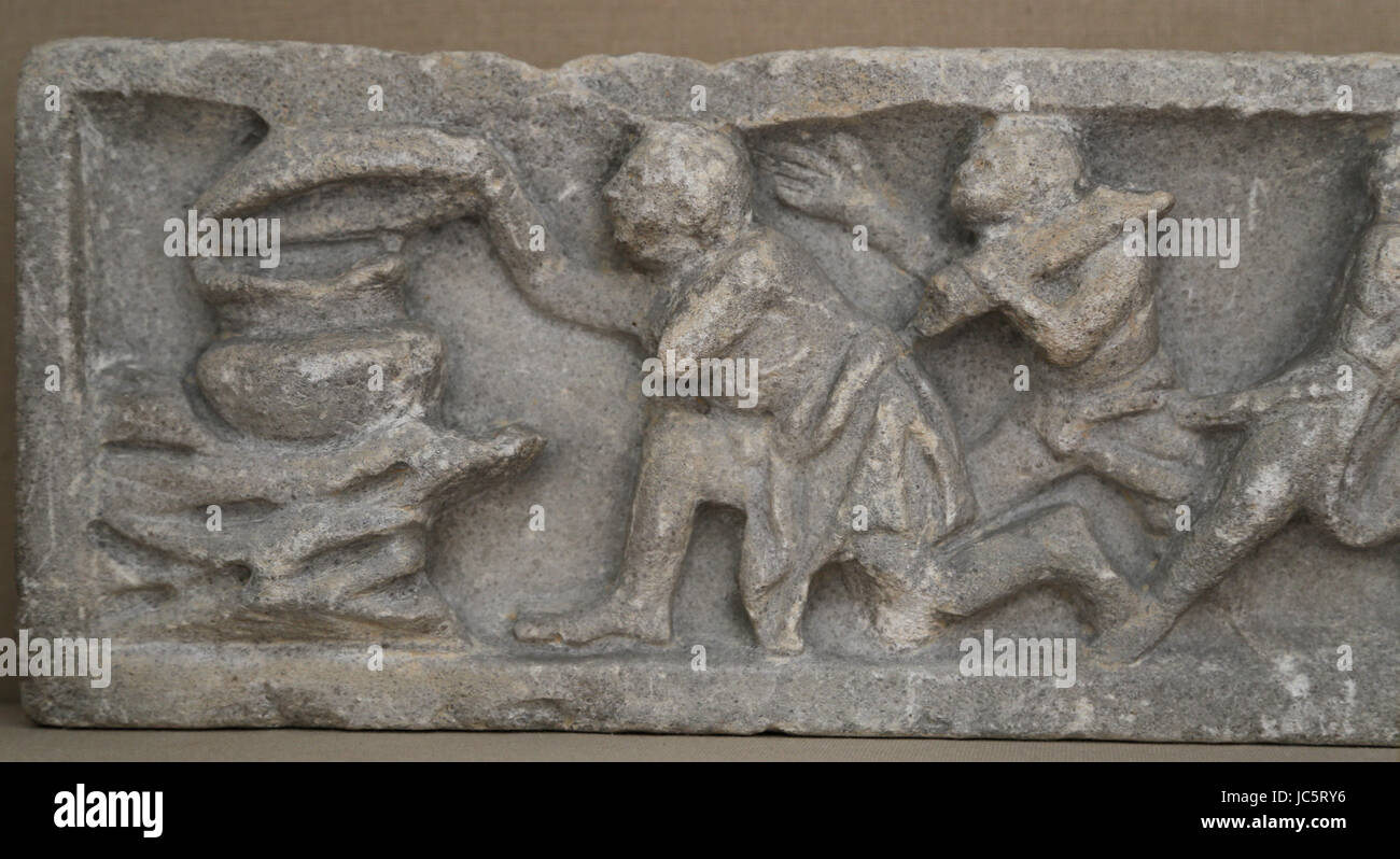 Relief sarcophagus. Reduction by boiling of mustum (newly pressed wine ...
