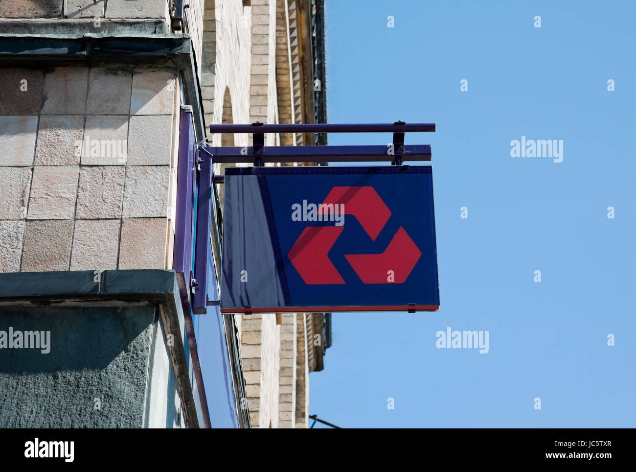 Close up of Natwest bank branch sign exterior England UK United Kingdom ...