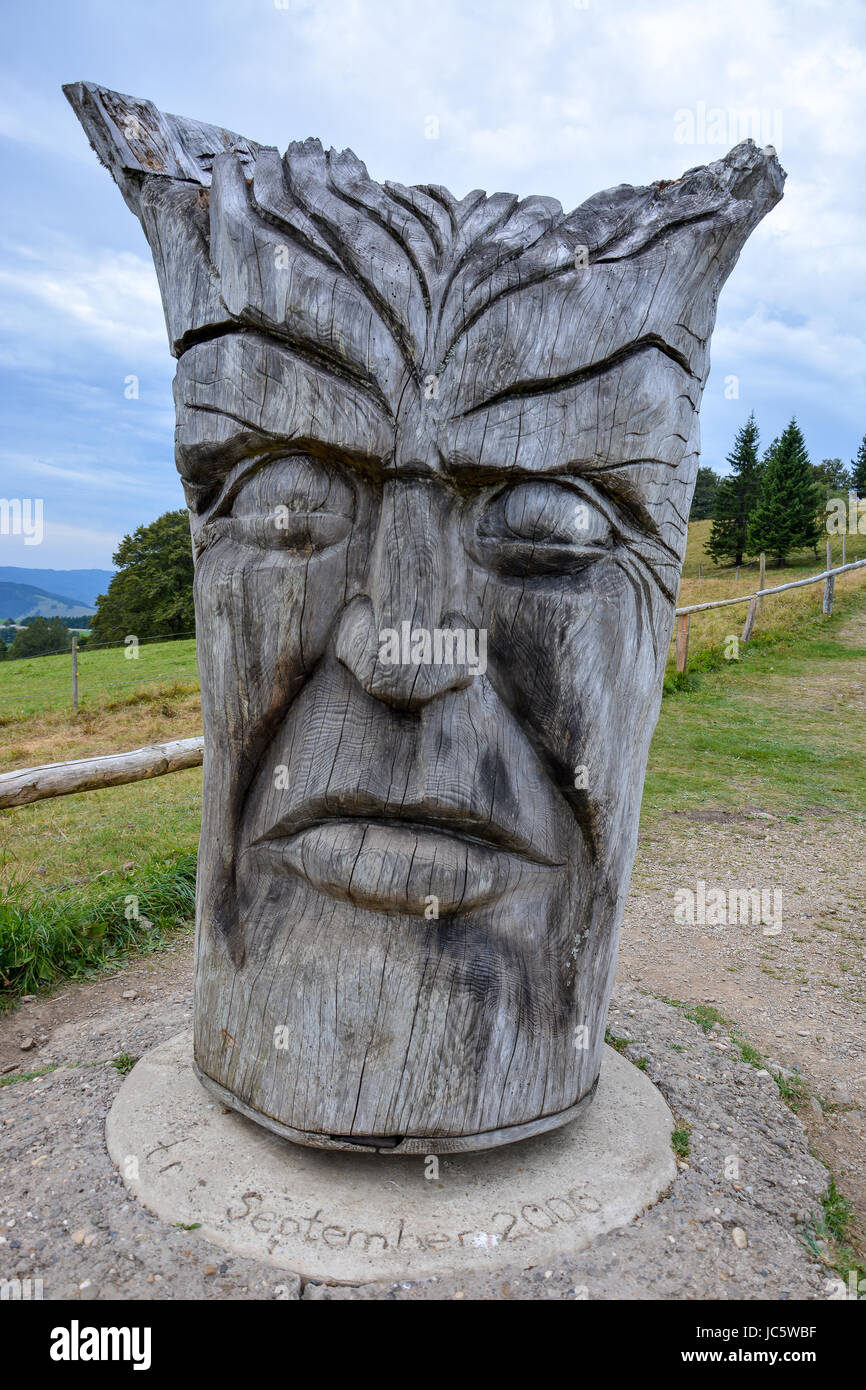 A face is carved into a piece of wood in the black forest Stock Photo ...