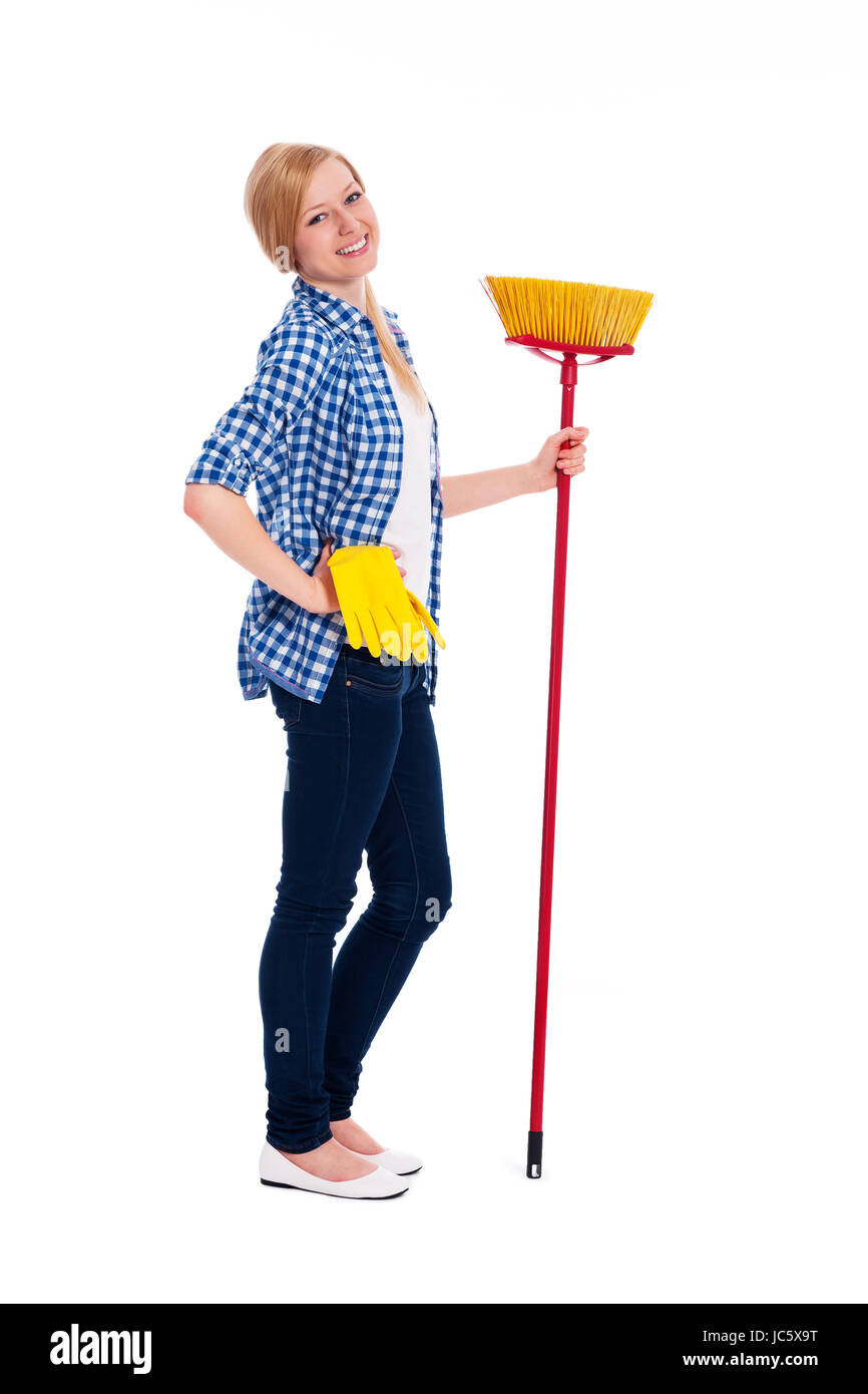 Portrait of beautiful female cleaner with broom Stock Photo - Alamy