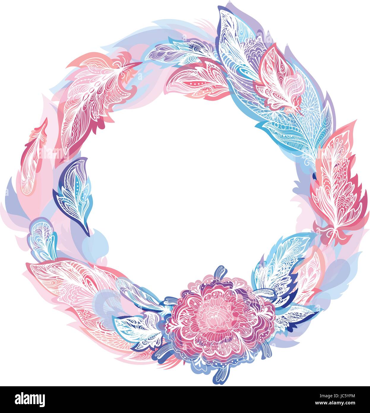 Elegant romantic vignette circle frame made of boho sketch elements for ...