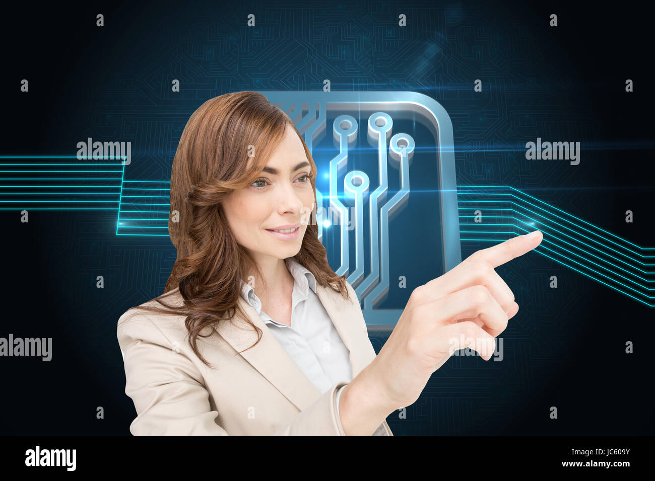Composite image of businesswoman pressing an invisible key Stock Photo ...
