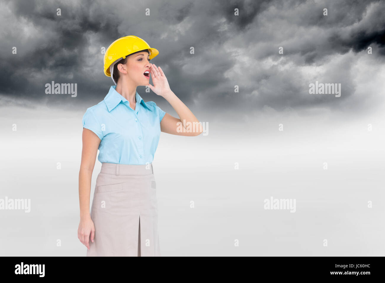 Composite image of attractive architect yelling at workers Stock Photo ...